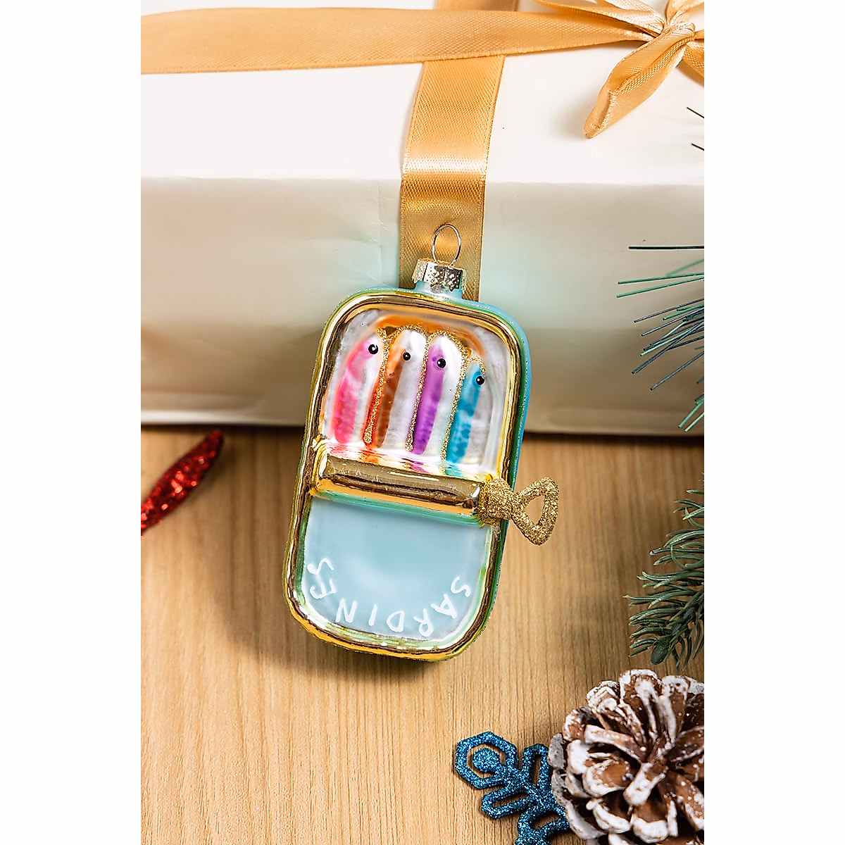 2 Pack Glass Sardine Tin Christmas Ornaments for Christmas Tree Decorations, Hanging Decorative Hand Painted Blown Glass Sardine Can Canned Fish Seafood Ornaments