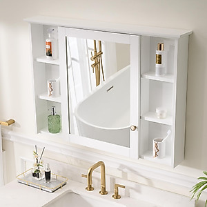 WELLFOR 42"x 30" Bathroom Medicine Cabinet with Mirror, Wall Mounted Storage Cabinet for Bathroom, Mirror Cabinet with Open/Built-in Shelves and Single Door, Bathroom Wall Cabinet with Mirror, White