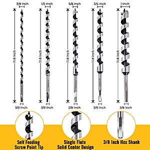 SOMADA Long Auger Drill Bit Set for Wood -5 Pcs, 3/8-Inch, 1/2-Inch, 5/8-Inch, 3/4-Inch, and 1-Inch Diameter with 12-Inch Long Hex Shank, Ship Auger Bit Set