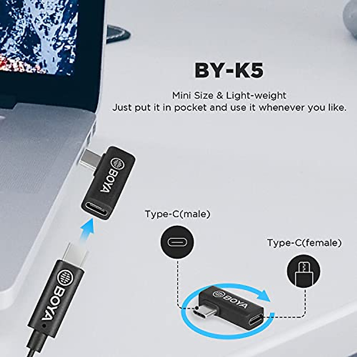 BOYA USB C Right Angle Adapter, by-K5 90 Degree USB C to USB Type-C Male to Female Adapter for Laptop, Tablet, Mobile Phone -Black