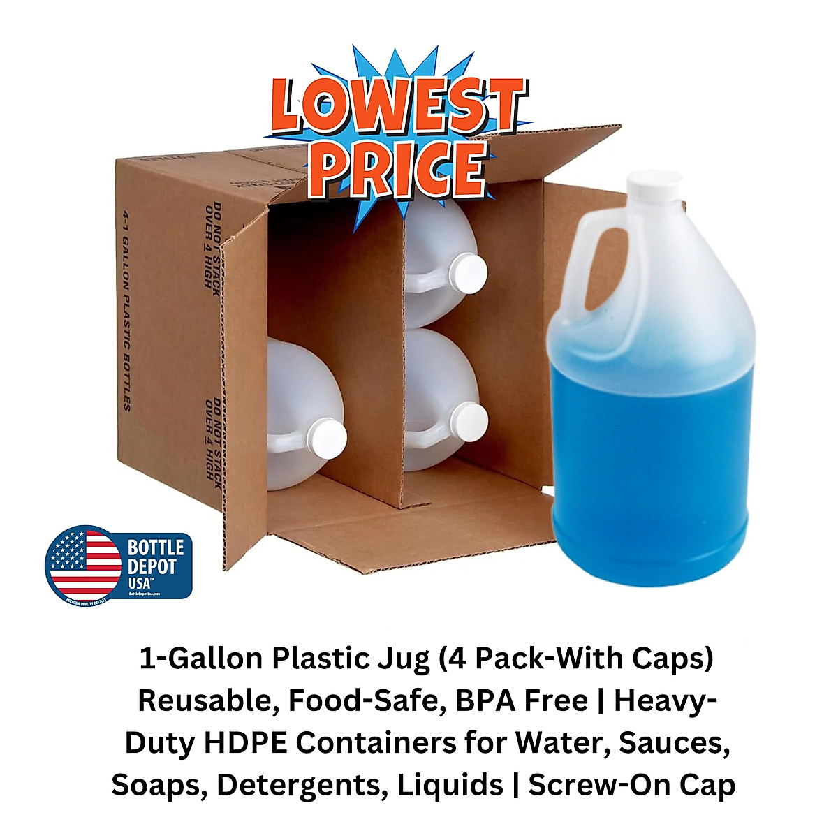 BOTTLE DEPOT USA 4 PACK 1-Gallon Empty Plastic Jugs, Reusable With Shipping Box, Food-Safe, BPA Free | Heavy-Duty HDPE | With White Tamper Evident Screw Caps