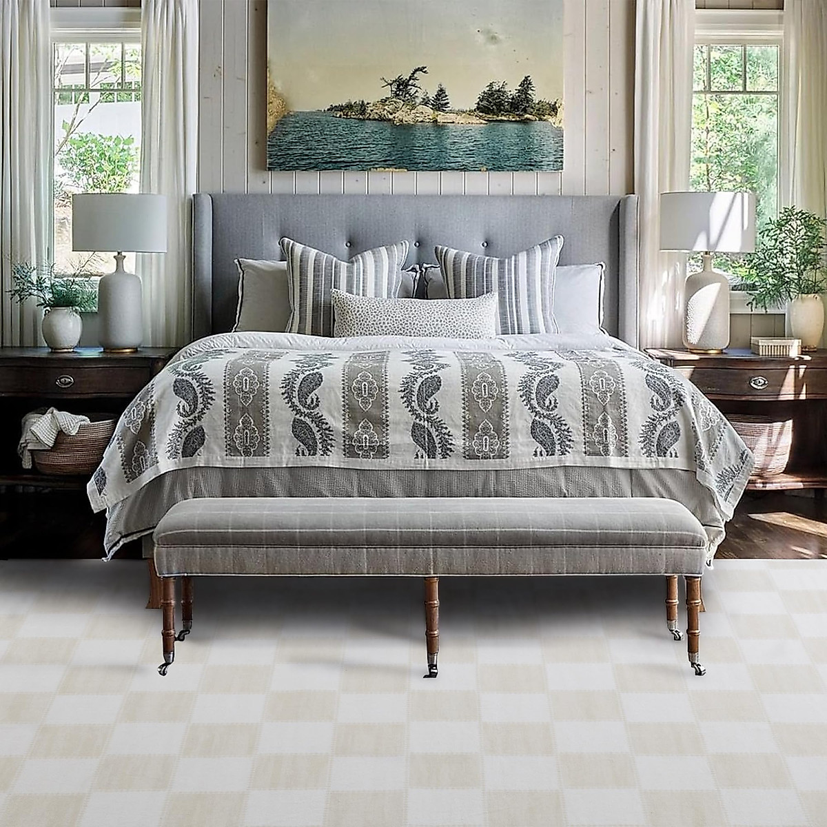 HOMBYS 8x10 ft Checkered Modern Area Rug for Living Room Bedroom, Large Neutral Plaid Floor Carpet for Indoor Dining Room Office, Farmhouse Home Deco, Khaki, Machine Washable