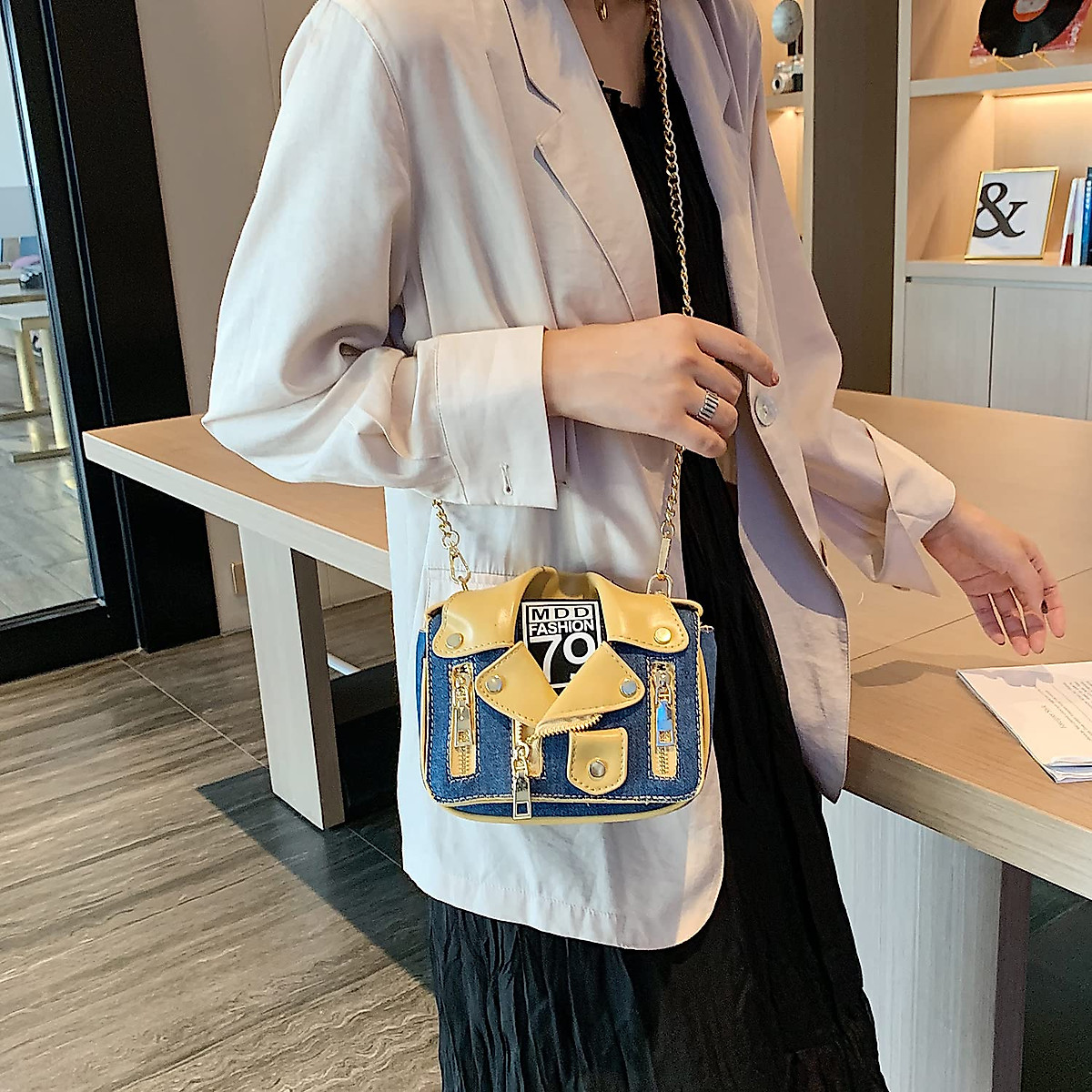 Cawmixy Women Motorcycle Shoulder Crossbody Bags Chain Jacket Bags Messenger Bag Leather Handbags for Girls Purse (Deep Blue)