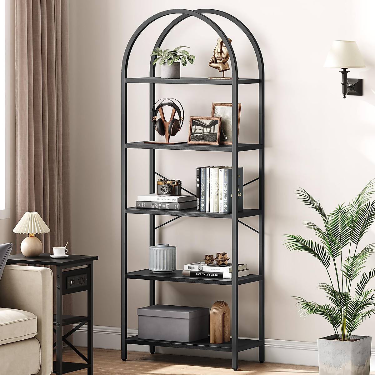 GAOMON Arched Bookshelf 5 Tier Bookcase 70.87in Tall Display Racks Modern Standing Bookshelves Metal Book Shelf for Bedroom, Living Room, Home Office