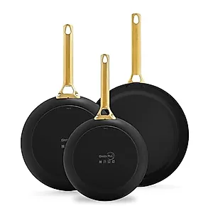 GreenPan Reserve Hard Anodized Healthy Ceramic Nonstick, 8" 10" and 12" 3 Piece Frying Pan Skillet Set, Gold Handle, PFAS-Free, Dishwasher Safe, Oven Safe, Black