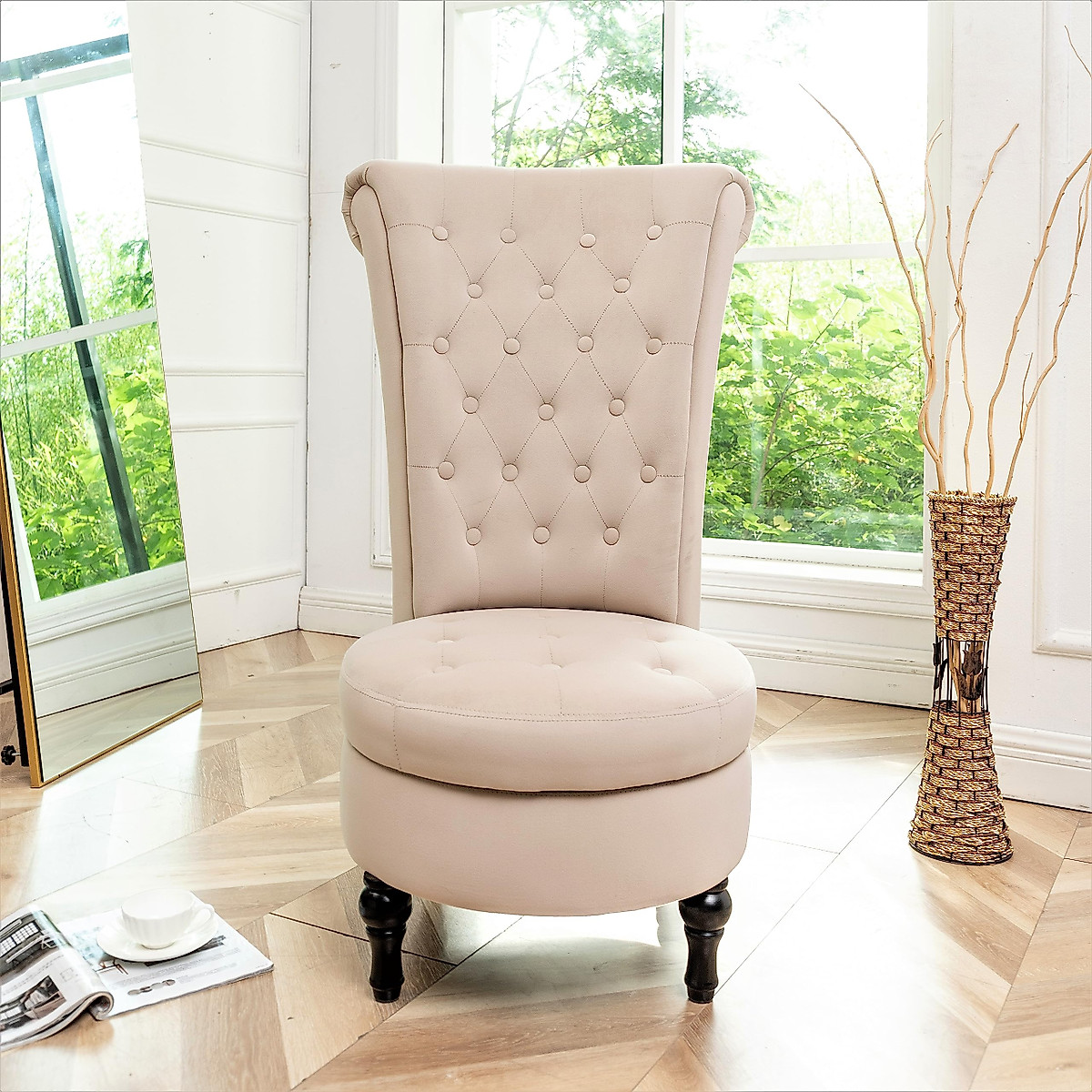 Container Furniture Direct Royal High-Back Velvet Accent Chair for Vanity with Storage and Luxurious Upholstery, Retro Design and Versatile Usage for Living Room, Bedroom, Lounge and Office, Ivory