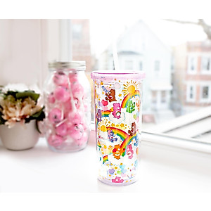 Silver Buffalo Care Bears Rainbow Stars Plastic Carnival Cup, Travel Tumbler With Lid and Reusable Straw | Holds 20 Ounces Yellow