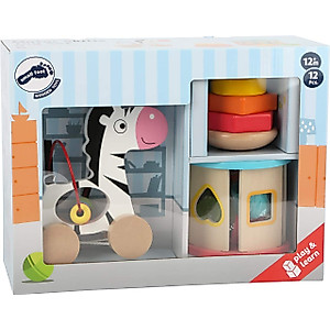 Small Foot Wooden Toys Motor Skills Toy Playset Collection with Pull-Along Zebra, Stacking Tower & Shape Sorting Games Designed for Children 12+ Months, Multi (11106)