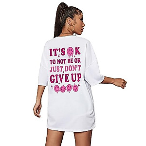 Cozyease Women's Graphic Tees Slogan Print Short Sleeve Round Neck Oversized T Shirt White and Pink XL