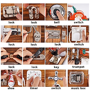 Busy Board for Toddlers Wooden Montessori Toys,Travel Toy Sensory Board Activity Board for Fine Motor Skills, Educational Learning Toy for 3 Year Old Boys & Girls with Locks,Latches,Keys, Music Board