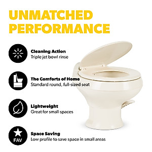 Dometic 301 Toilet Low Profile 13.5" Height- Bone, 301-SS/RT/BONE, Full Size Residential Style, Clean and Watertight Triple Jet Rinse with Foot Pedal