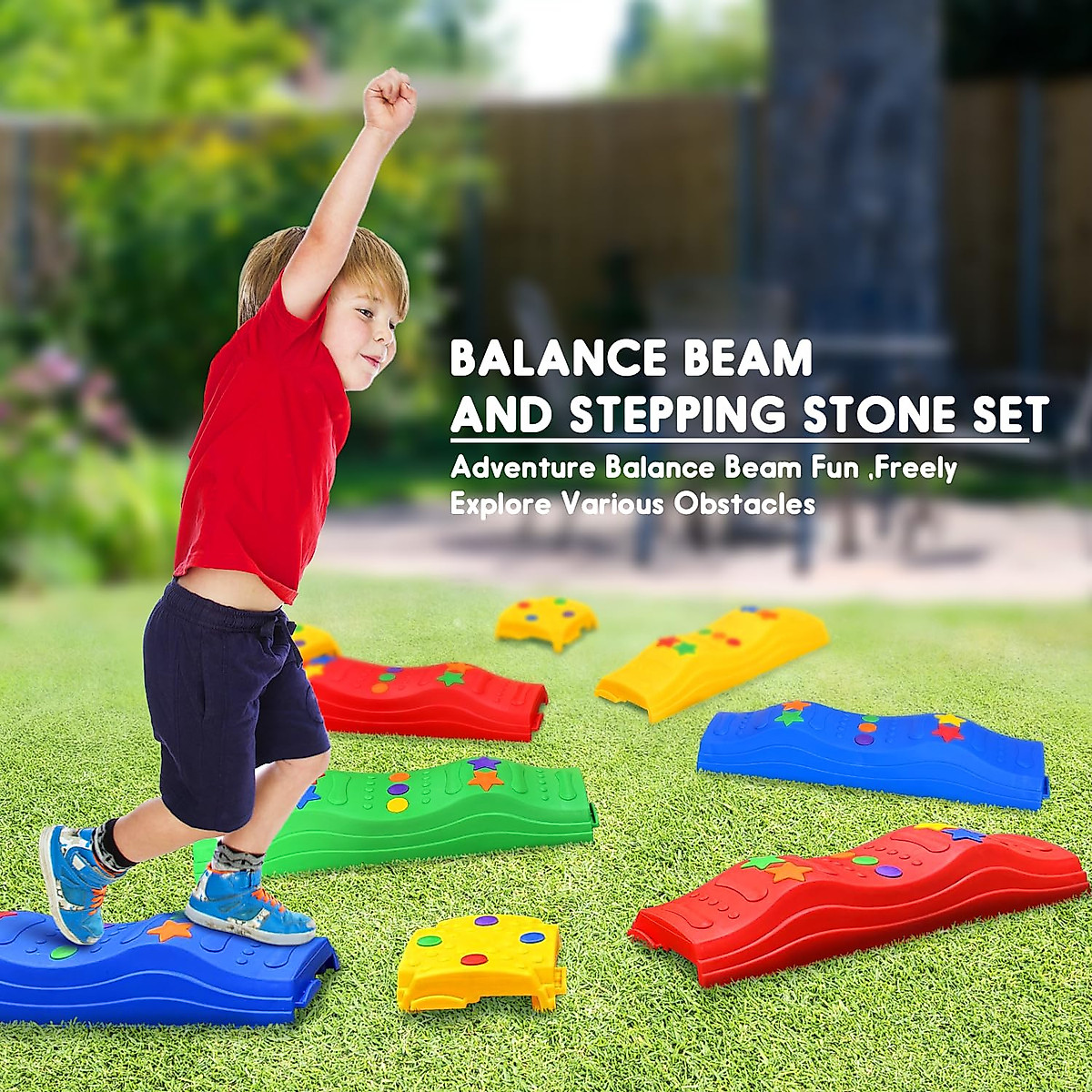 MOCUTEEN Kids Balance Beam Toddler Stepping Stones Max Load 220LBS 12 PCS Non-Slip Textured Surface & Rubber Pads Bottom Promote Agility Coordination Five Star Pattern