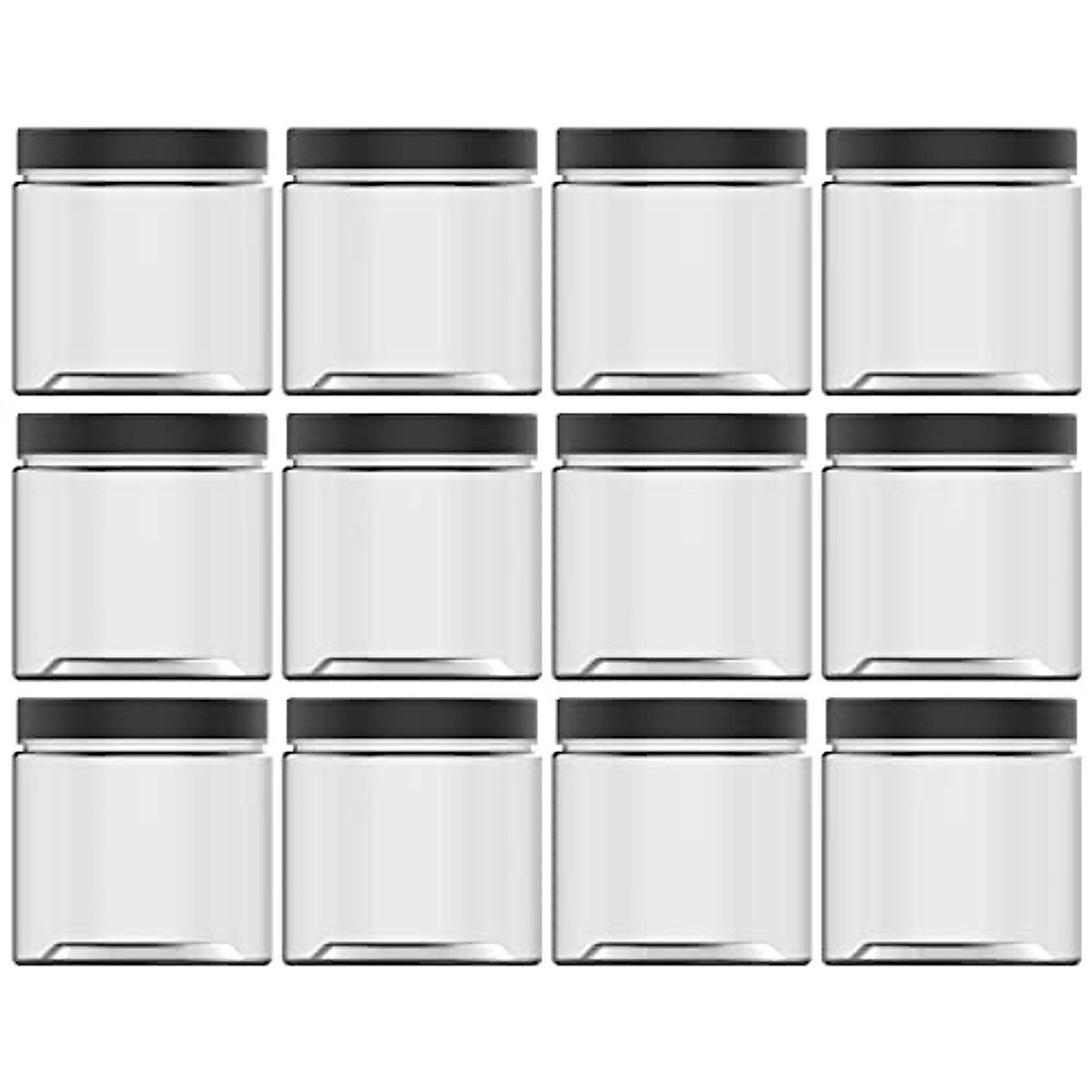 HoleviFO 14oz (420ml 12 Pack) Empty Clear Wide Mouth Plastic Jars with Matte Black Lids and Labels - Round PET Containers for Food Storage and Dry Goods,Craft and More - BPA Free