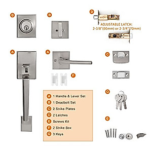 Natsukage Front Door Handle Set Heavy Duty Entry Door Lock Set Satin Nickel Entrance Handle Set with Lock, with Single Cylinder Deadbolt and Lever Handle, Reversible for Right & Left Handed Doors