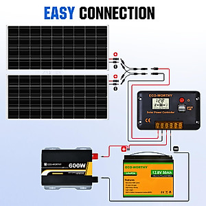 ECO-WORTHY 200 Watt 12V Complete Solar Panel Starter Kit for RV Off Grid with Battery and Inverter: 200W Solar Panels+30A Charge Controller+50Ah Lithium Battery+600W Solar Power Inverter