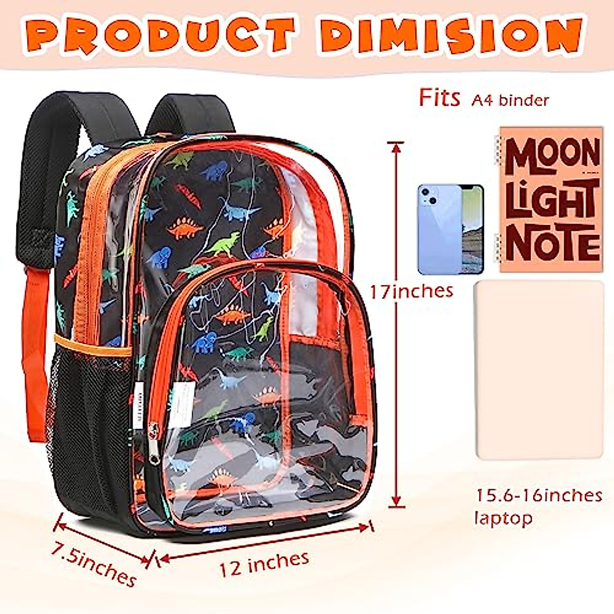 BLUEFAIRY Boys Clear Backpack Heavy Duty Stadium Approved Dinosaur Transparent Backpack Plastic See Through Bag for Kids for School Travel Gifts (Large Orange)