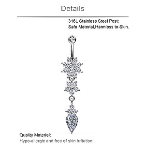 SCERRING 14G Belly Button Rings Stainless Steel Dangle Belly Navel Barbell Body Piercing Jewelry Clear CZ Stone Opal 12PCS Silver