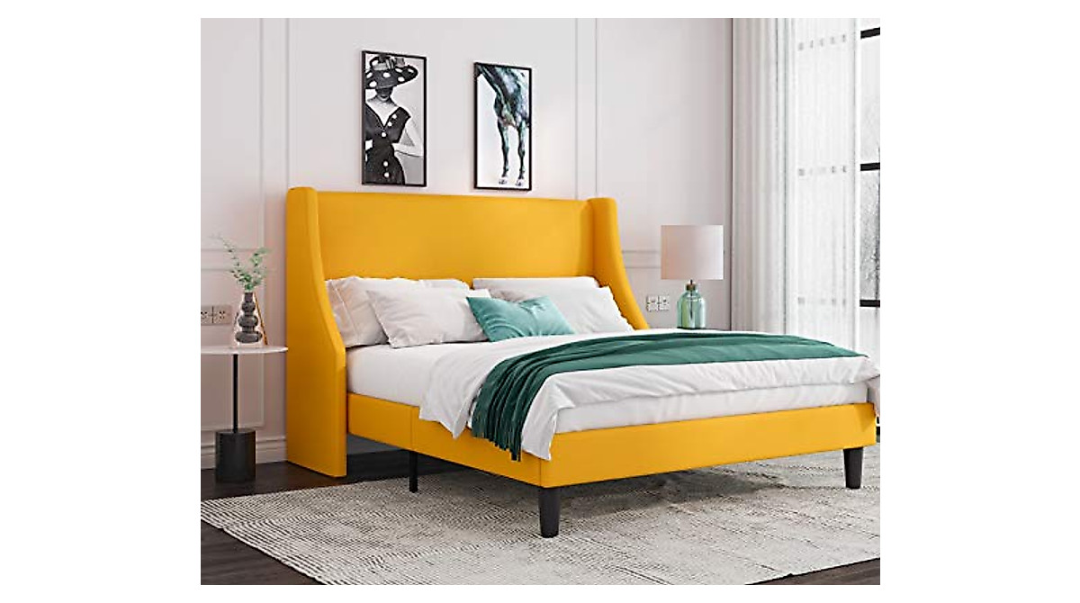 Allewie Queen Bed Frame - Stylish Upholstered Platform Bed in Light Yellow