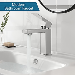 Modern Bathroom Faucet, Kamoson Single Hole Bathroom Sink Brushed Nickel Stainless Steel Fashion Square Faucet Safe Water Supply, Vanity Basin Mixer Tap with Deck Mount