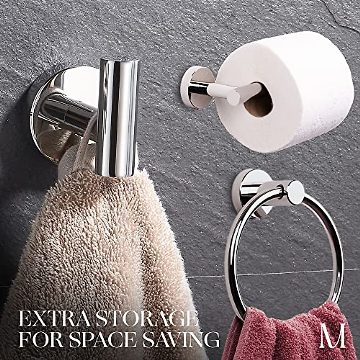 MARMOLUX ACC Chrome Bathroom Hardware Set 3 Piece-Robe Hook, Hand Towel Holder and Toilet Paper Holder, Wall Mounted Bathroom Fixtures, Towel Rack Towel Hanger SUS 304 Stainless Steel, Polished Chrome
