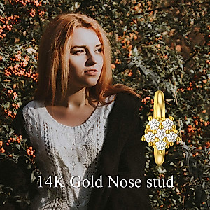 SISGEM 14K Real Gold Flower Nose Ring with Sparkly Cubic Zirconia,1 PC Yellow Gold Small Hoop Earring Nose Ring Fine Jewelry Gift for Mother's Day Birthday,18 Gauge（2 in 1）