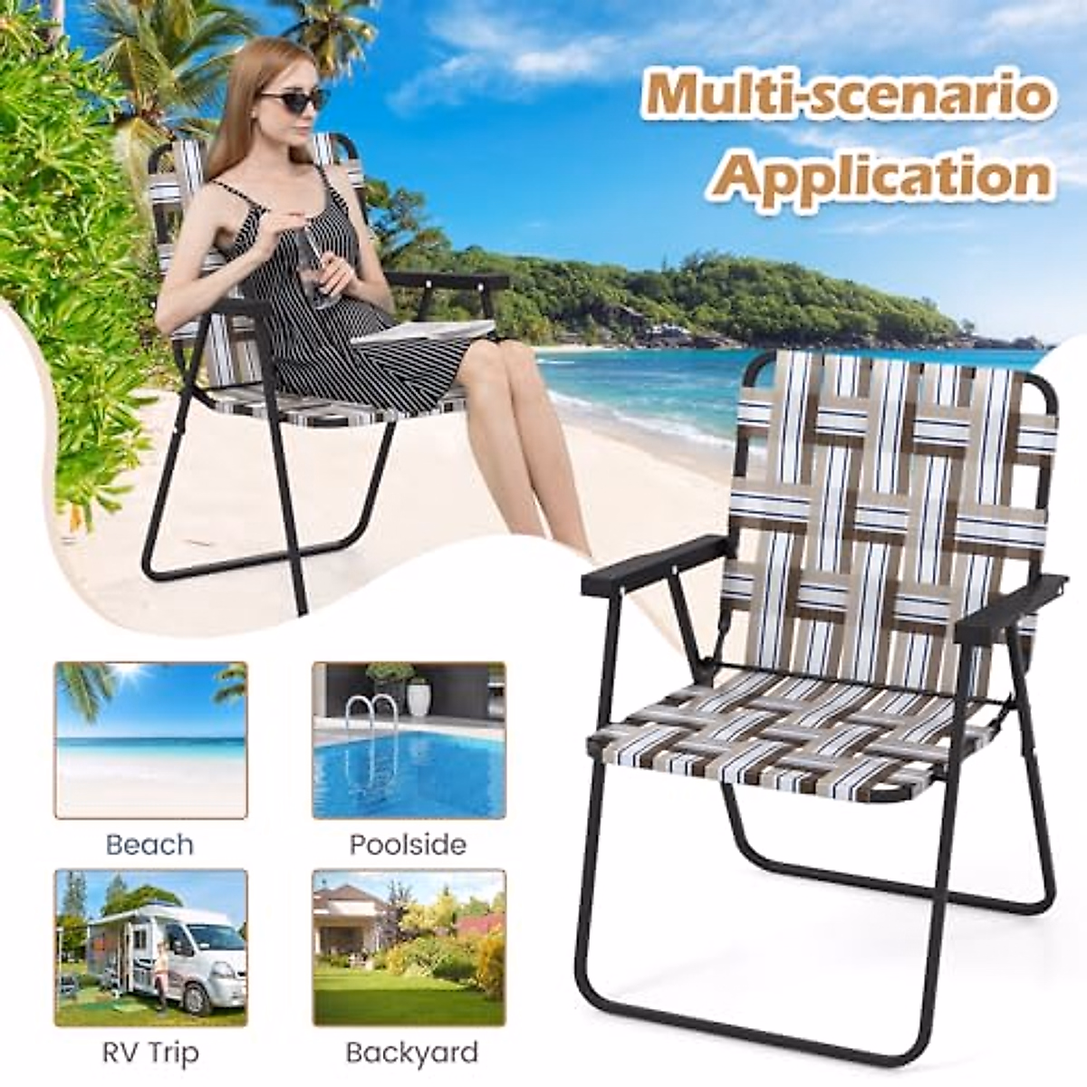 BANGTANE 6 Pack Folding Adults Portable w/Armrests, Webbed Lawn Chairs Set for Home, Beach, Park, Long Trips, Brown