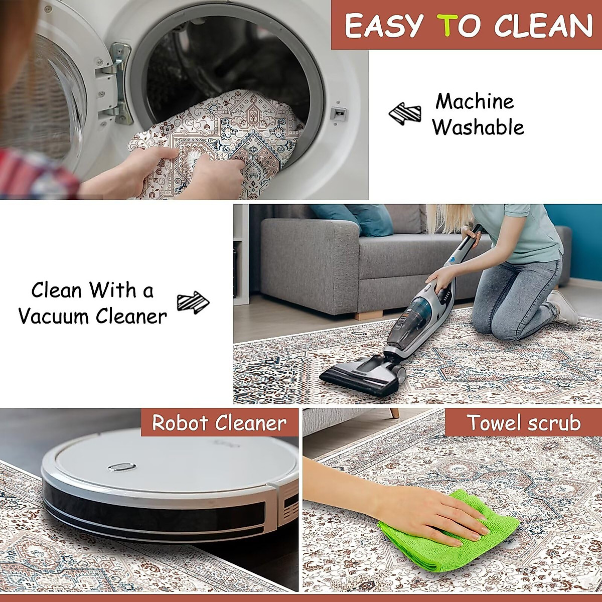 HZODJBH Machine Washable Area Rugs with Non-Slip Backing, Ideal for Hallway, Living Room, Bedroom, Kitchen and Laundry Room, Vintage and Low Pile Rug (7' x 10')