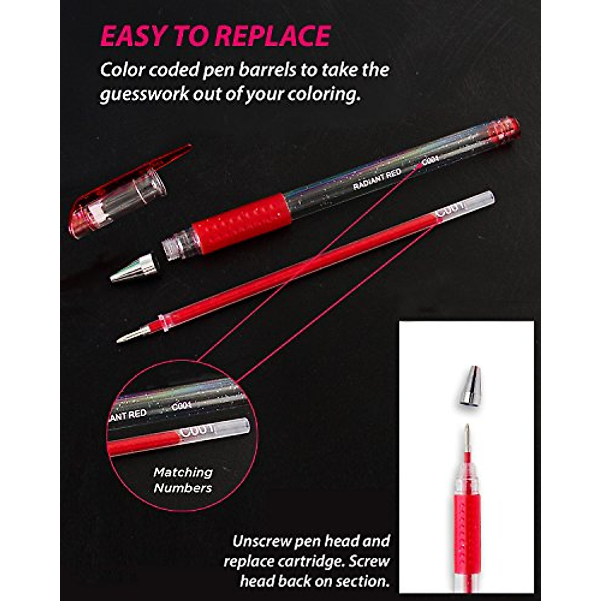 ColorIt 48 Gel Pen Ink Refills for Glitter, Metallic, and Neon - Color Coded for Easy Replacement (Gel)