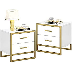 YITAHOME Nightstand with 2 Drawers, Small End Side Table with Storage, Modern Bedside Bed Table with Metal Frame for Small Space, Bedroom and Living Room, White