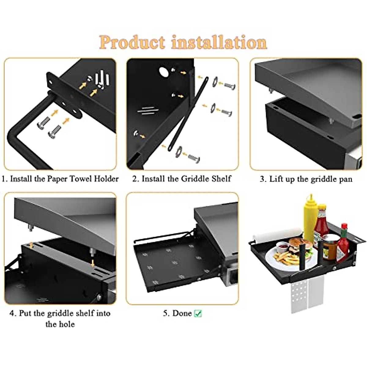 MOASKER New Upgraded Griddle Caddy Shelf for Blackstone 17"/ 22"/ 28" Griddle, Addition Side Rack Storage Tray with Paper Towel Holder, Spatula Holder Organizer for Blackstone Grill Accessories