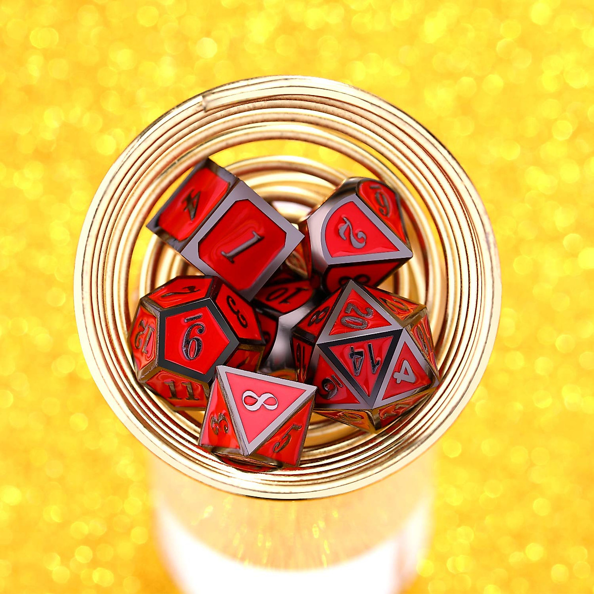 Bememo Polyhedral Metal Dices Set Zinc Alloy with Enamel Solid Metal Compatible with DND Game, Tabletop RPG, Dungeons and Dragons, Math Teaching, 7 Pieces Dice Set with Black Velvet Bag (Black Red)