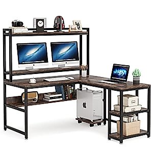 TRIBESIGNS WAY TO ORIGIN L-Shaped Desk with Storage Shelves, 59” Corner Computer Desk with Hutch, Industrial L Shaped Office Desk Gaming Table Workstation for Home Office (Rustic Brown)