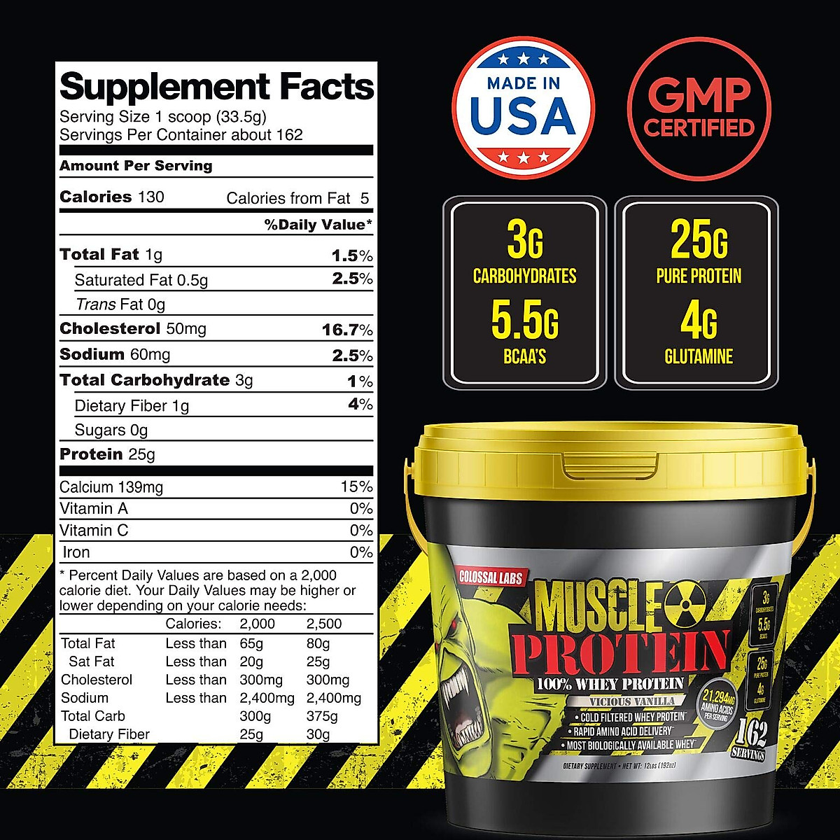 Colossal Labs Whey Protein Blend [12 Pounds/Pack of 1]–Vicious Vanilla, Cold Filtered, 25g Pure Protein, 6.6g BCAAs/Serving(Packaging May Vary)
