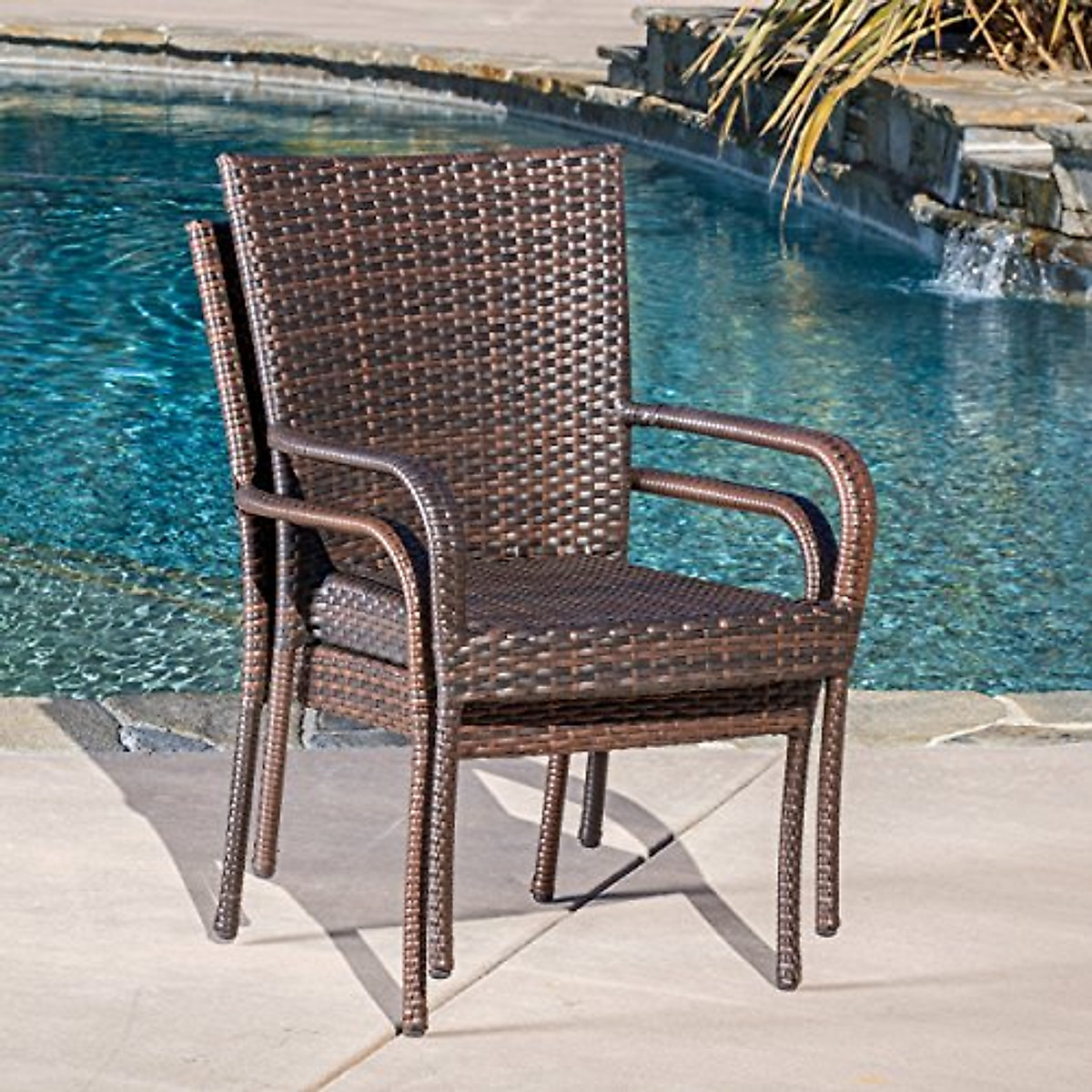 Set of 2 Stackable Outdoor Brown Wicker Dining Chairs