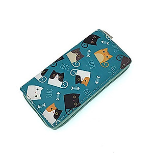 Wallet - Kitty Cat Clutch All-in-One Faux Leather Long Zippered Purse in Fun and Unique Prints (Teal)
