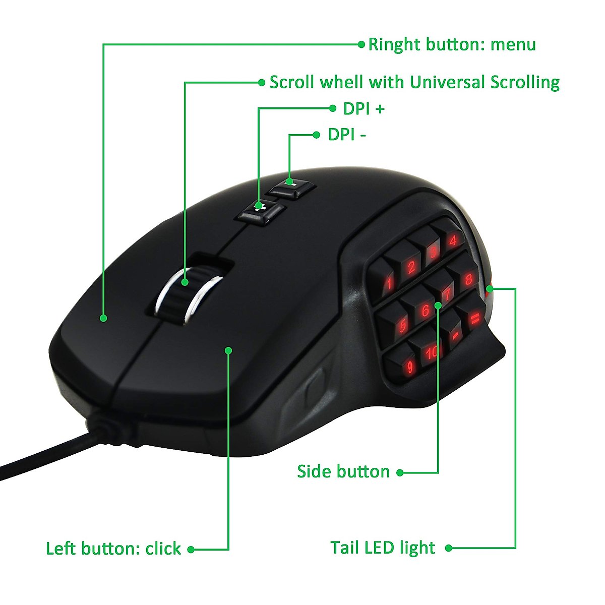 A ADWITS MMO Programmable Gaming Mouse, Pixart True 10000 DPI Sensor, Ergonomic Design with Customizable 17 Buttons, LED Light, 4 x 5g Weights and Polling Rate Up to 1000 Hz, Black