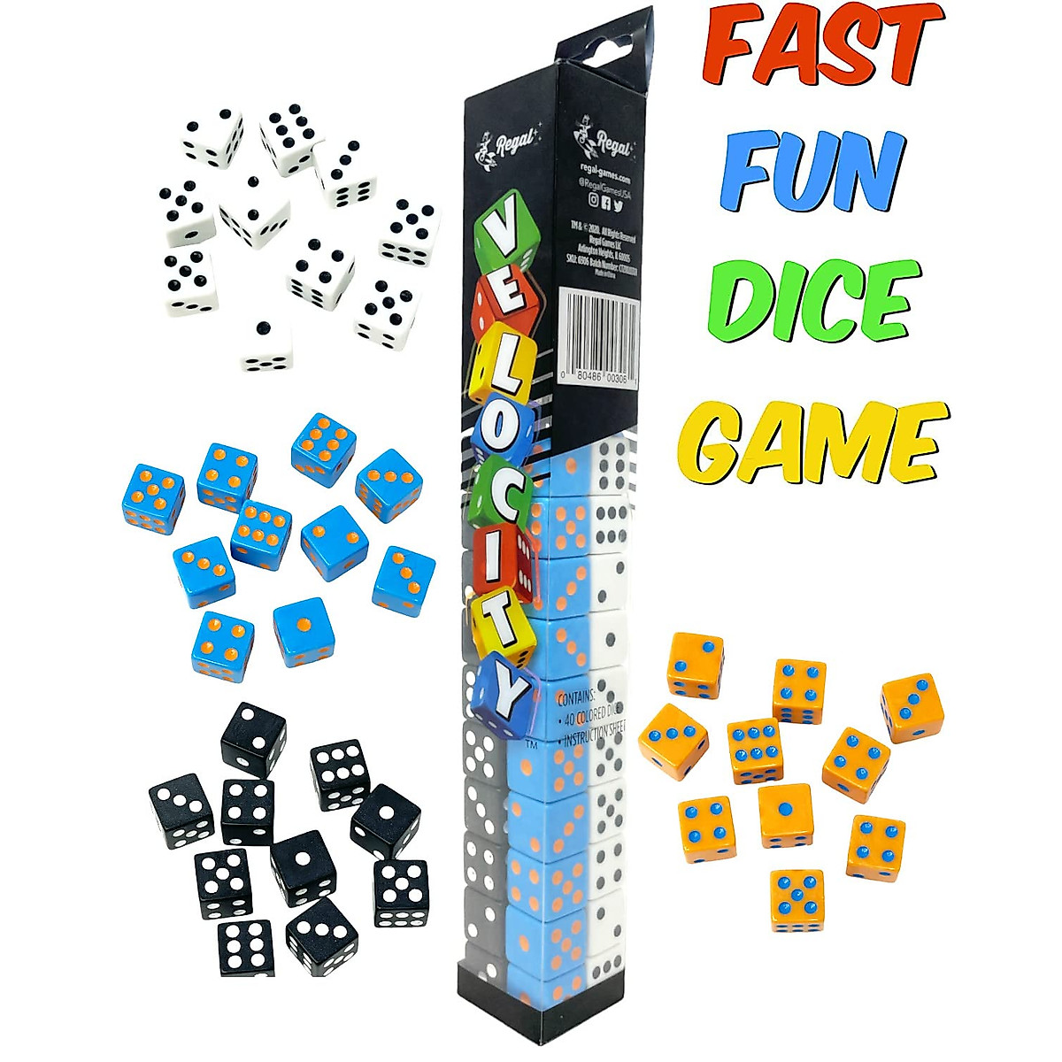 Regal Games Velocity Dice Game Set with Case - Square Dice Colored Set for Family Game Night - 2 to 4 Player (40 Dices)