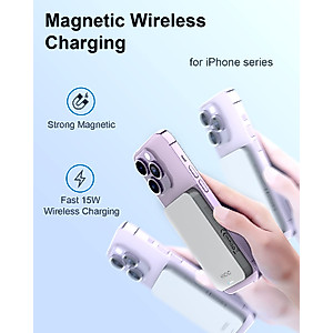 HINOVO Magnetic Power Bank, 10000mAh Wireless Portable Charger for iPhone, Wireless Battery Pack 15W Fast Charging, Compact Power Bank for iPhone 16/15/14/13/12, Compatible with MagSafe Phone Case