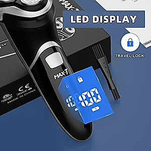 MAX-T Men's Electric Shaver - Corded and Cordless Rechargeable 3D Rotary Shaver Razor for Men with Pop-up Sideburn Trimmer Wet and Dry Painless 100-240V Black