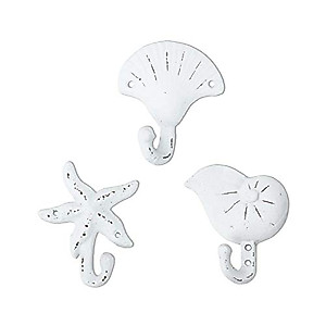 Sea Snail Starfish Shell Shape Cast Iron Nautical Wall Hooks Set, 3-Pack Assorted Rustic White Seaside-Themed Wall Mount Coat Hooks, Beach Coastal Wall Decor