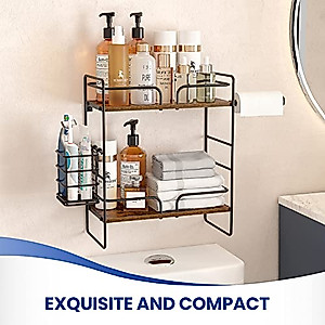 SEIRIONE 2-Tier Over The Toilet Storage Shelf,Wooden Toilet Shelf Organizer with Toilet Paper Holder Storage,Compact Bathroom Toilet Shelf Over Toilet Tank Tray with 3 Mounting Options,Rustic Brown