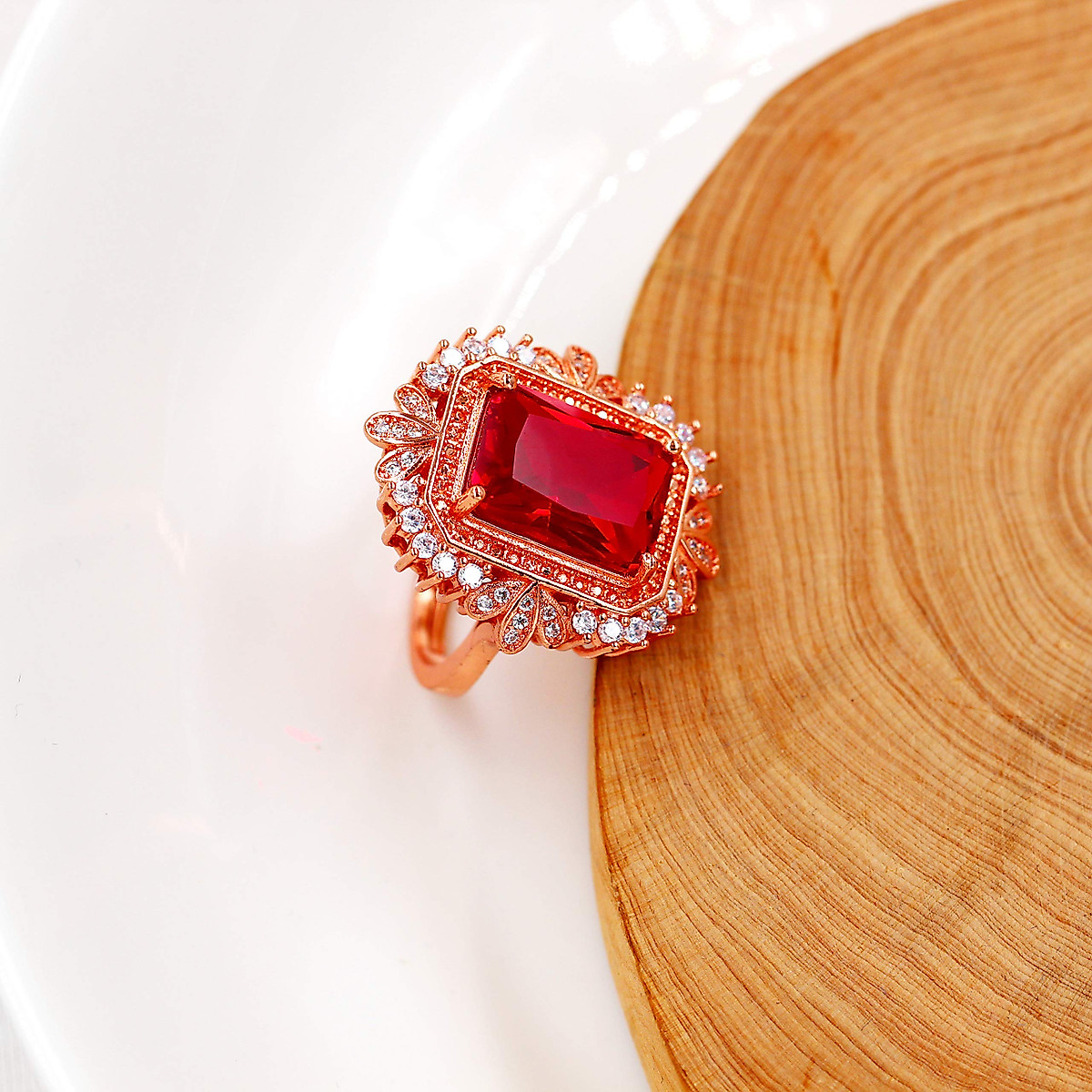 Uloveido Rose Gold Plated Emerald Cut 5 CT Simulated Ruby Ring, Adjustable Red CZ Birthstone Rings Wedding Engagement Rings Women Y988