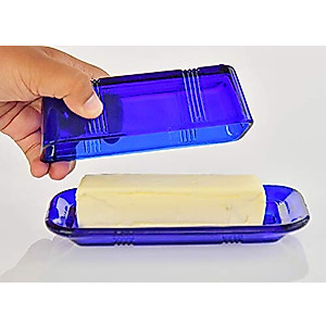Home-X Glass Butter Dish with Lid - Vintage Style Butter Keeper for Countertop, Retro Butter Container with Cover, Dishwasher Safe Butter Holder, 6 3/4" L x 3 1/4" W x 2 1/2" H, Blue