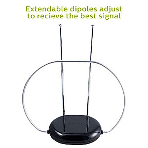 Philips Rabbit Ears Indoor TV Antenna, Dipoles and Circular Loop, Tabletop Antenna, Digital, Smart TV Compatible, HDTV Antenna, 4K 1080P VHF UHF, 5ft Coaxial Cable, Black, SDV8201B/27