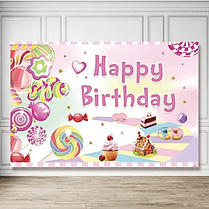 Rarcoirs Candy Birthday Party Backdrop for Kids Girls Sweet Birthday Desserts Background Candyland Cupcake Lollipop Donut Bday Cake Table Banner Favors 71X47inch, One Size