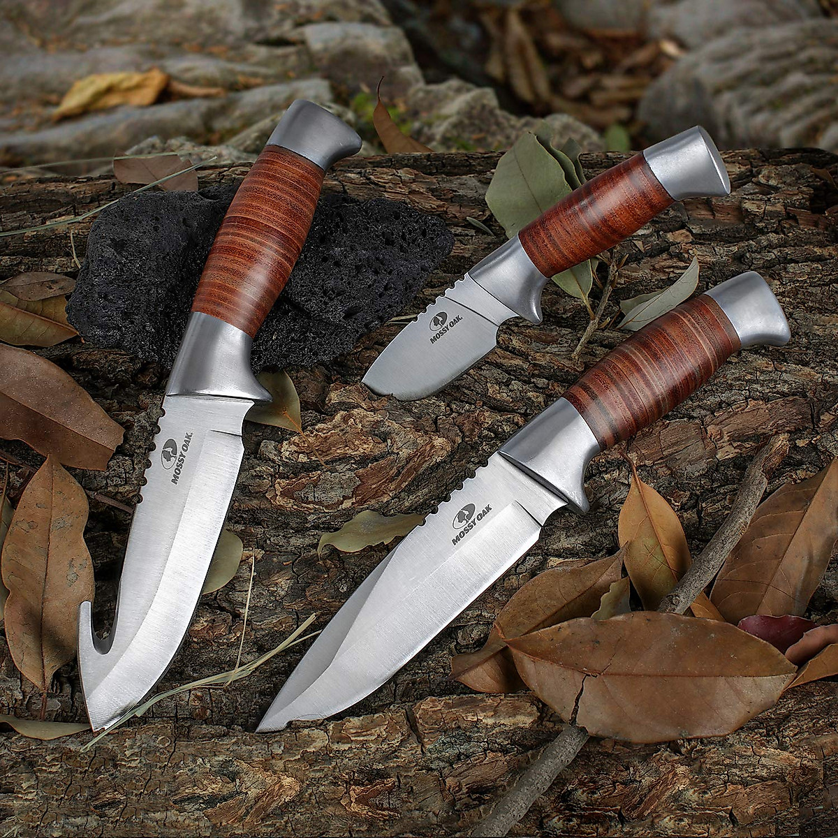 Mossy Oak Fixed Blade Hunting Knife Set - 3 Piece, Full Tang Leather Handle Straight Edge and Gut Hook Blades Game Processing Knife Set, Sheath Included
