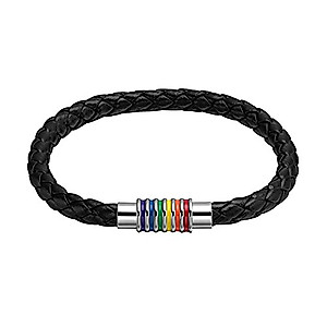 Nanafast Stainless Steel Rainbow Lesbian LGBT Pride Braided Bracelet Leather LGBTQ Pride Bracelets Wristband Weave Plaited Jewelry 2 Pack 7.48 Inches (Lesbian/Female)