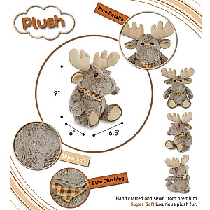 DolliBu Brown Sitting Moose Plush - Super Soft Moose Stuffed Animal, Wildlife Stuffed Moose Plush Toy, Cute Stuffed Animal for Boys and Girls, Plush Moose Gift for Baby, Kids, and Adults - 11 Inches