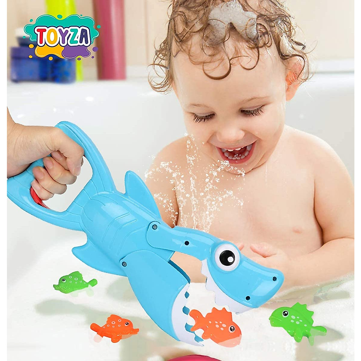 TOYZA Baby Bath Toys Shark Grabber/ Catch Game for Toddlers Boys - Girls with 4 Toy Fish Included for More Fun