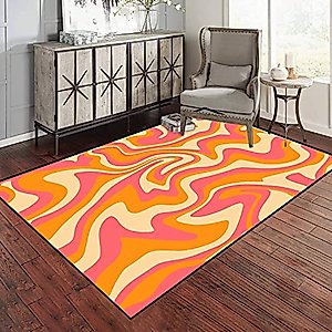 PeeNoke 1970 Wavy Swirl Seamless Orange Pink Colors Hand Drawn Seventies Style Area Rug Outdoor Patio Rug Play Mat Floor Mat Modern Carpet Non-Slip Home Decor Living Room Bedroom Nursery, 3x5 ft